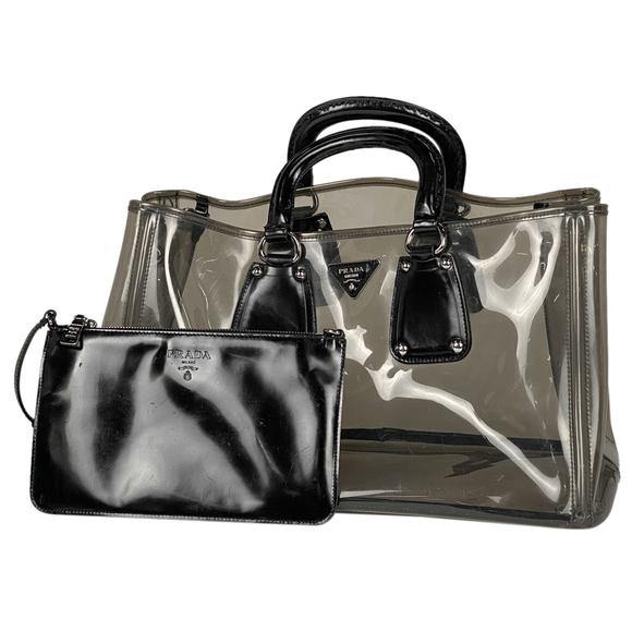 Prada | Bags | Prada Logo Plate Tote Bag Clear Vinyl Black | Poshmark